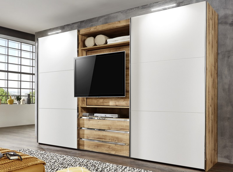 Šatníková skriňa s TV panelom Magic, doskový dub/biela | ASKO - NÁBYTOK