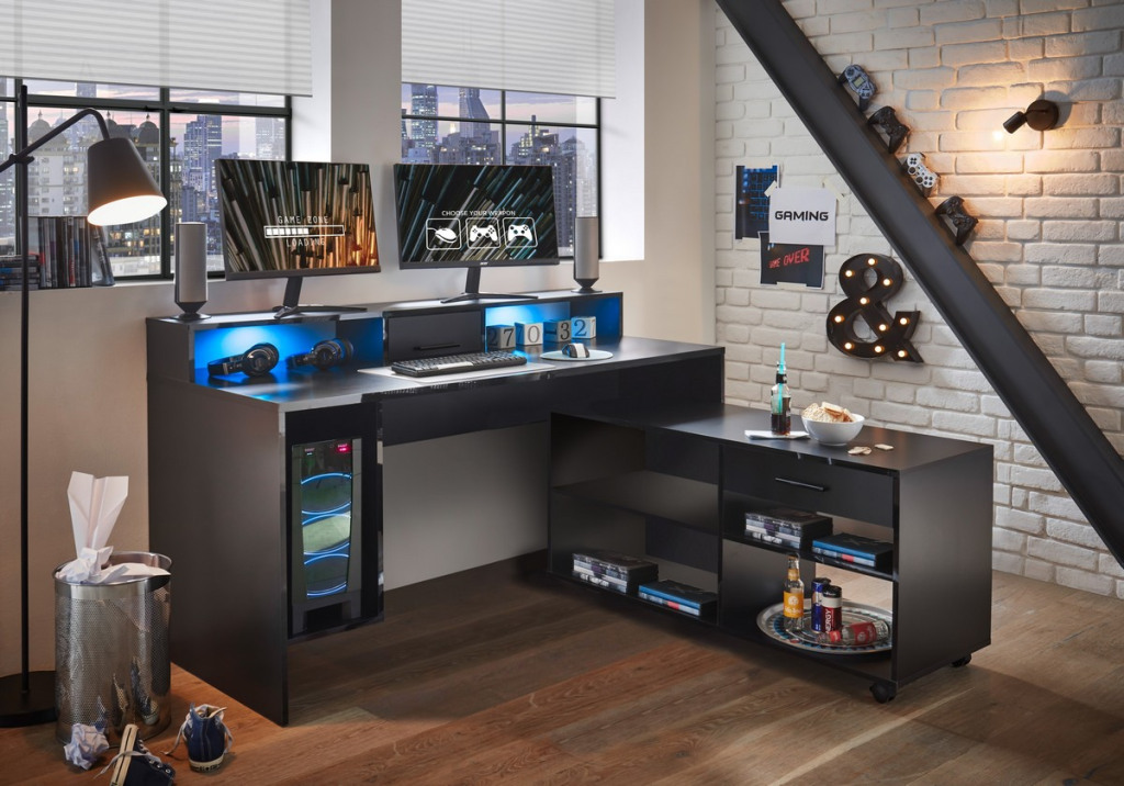 PC stôl s regálom a osvetlením Highscore 3, čierny | ASKO - NÁBYTOK