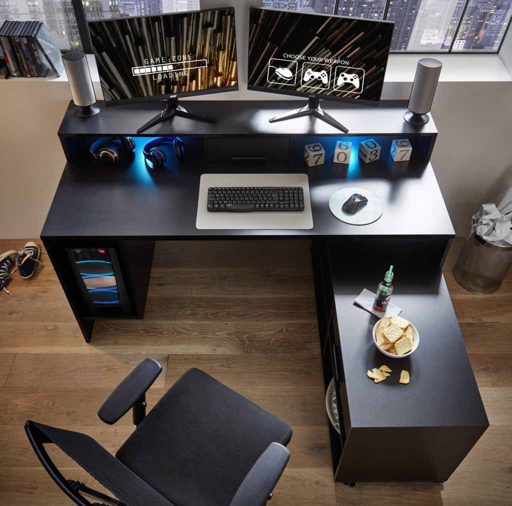 PC stôl s regálom a osvetlením Highscore 3, čierny | ASKO - NÁBYTOK