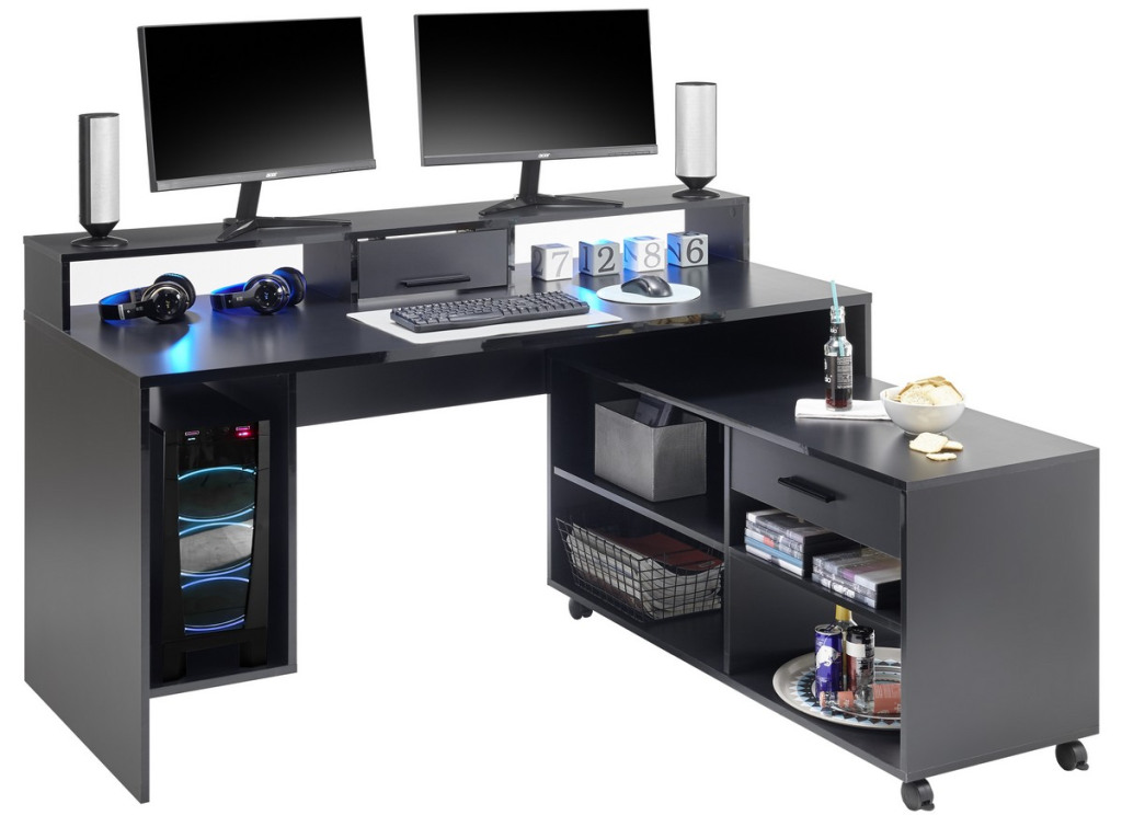 PC stôl s regálom a osvetlením Highscore 3, čierny | ASKO - NÁBYTOK