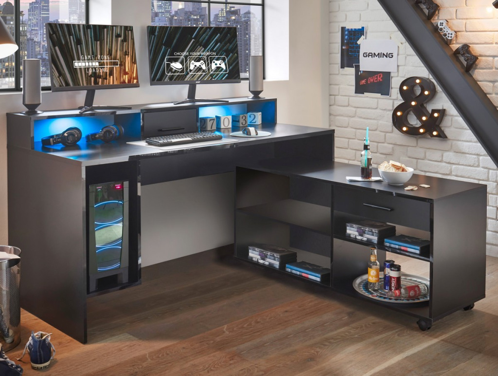 PC stôl s regálom a osvetlením Highscore 3, čierny | ASKO - NÁBYTOK