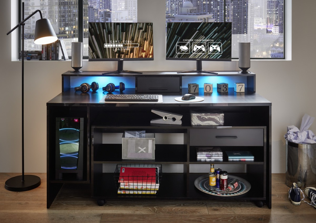 PC stôl s regálom a osvetlením Highscore 3, čierny | ASKO - NÁBYTOK