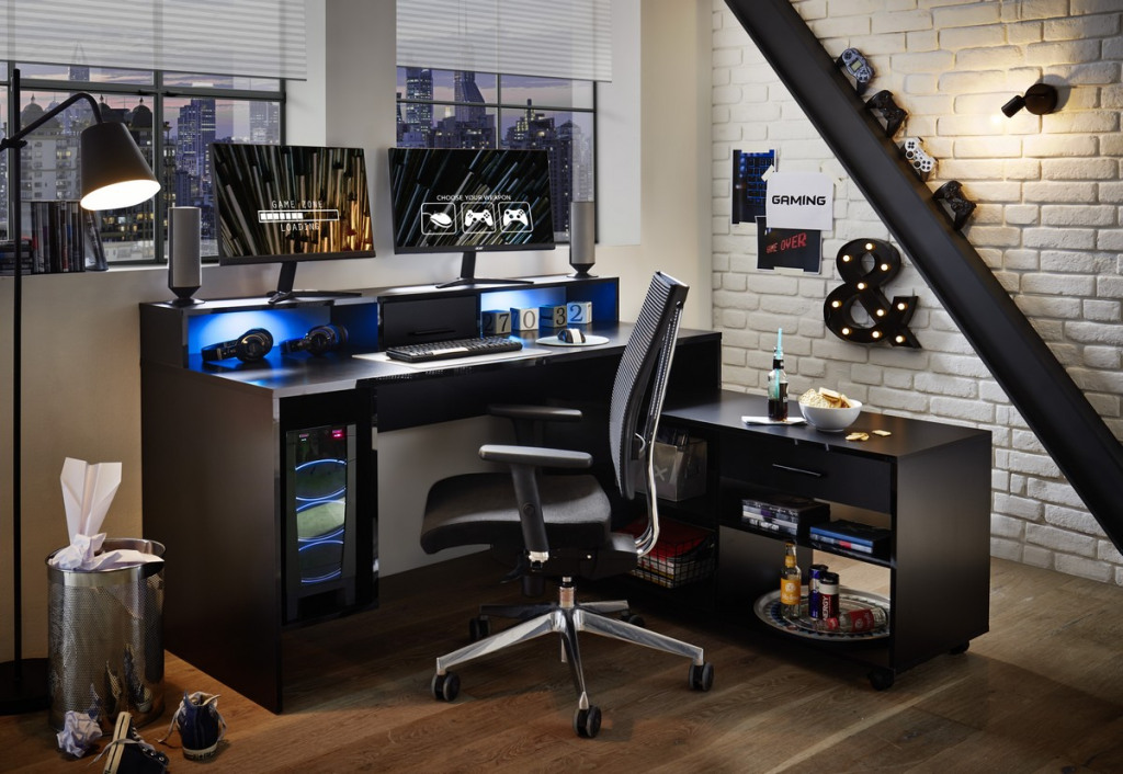 PC stôl s regálom a osvetlením Highscore 3, čierny | ASKO - NÁBYTOK