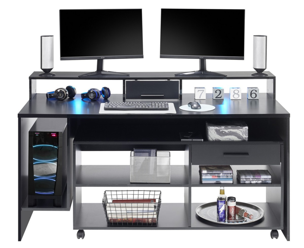 PC stôl s regálom a osvetlením Highscore 3, čierny | ASKO - NÁBYTOK