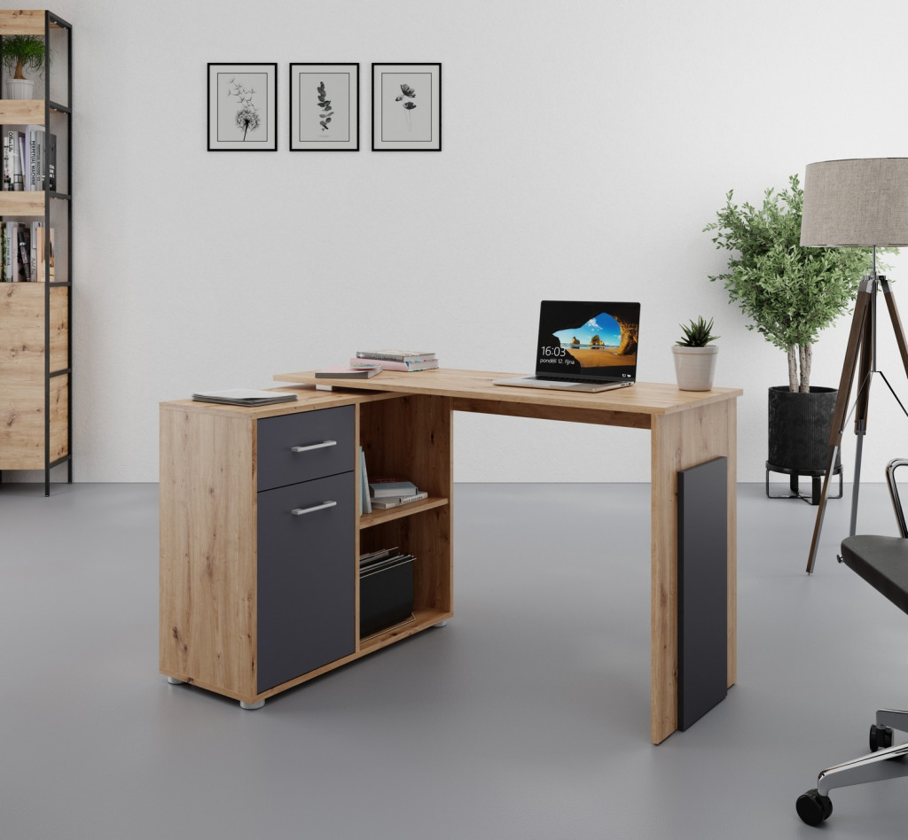 Rohový písací stôl Andy, dub artisan/antracit | ASKO - NÁBYTOK
